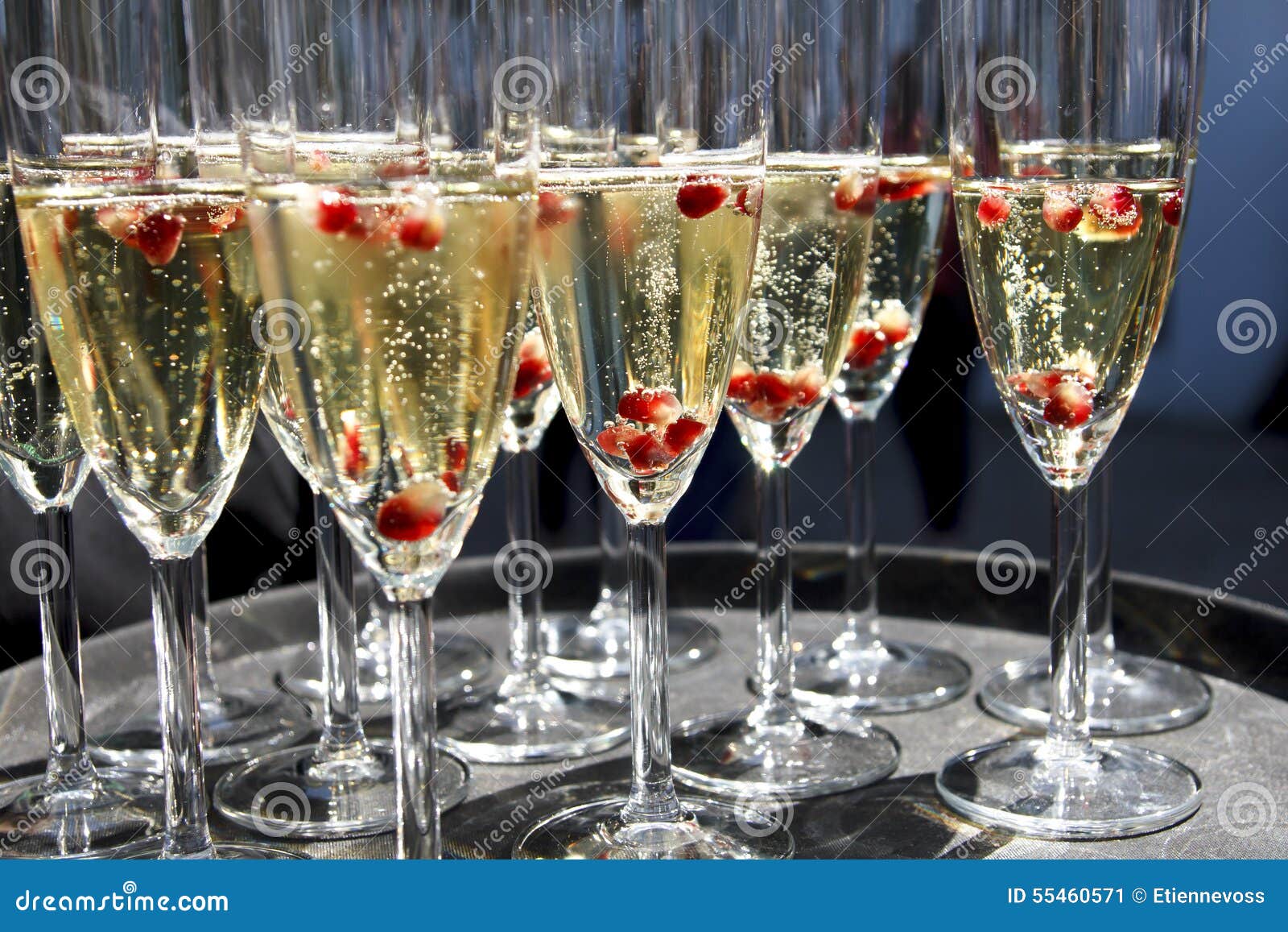 Sparkling Champagne Flutes on Tray with Pomegranate Seeds. Stock Image ...