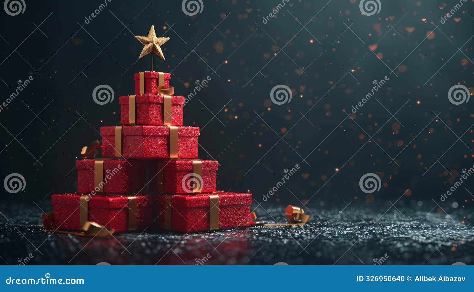 Sparkling Christmas Gift Boxes Stack with Gold Ribbons and Star Topper ...