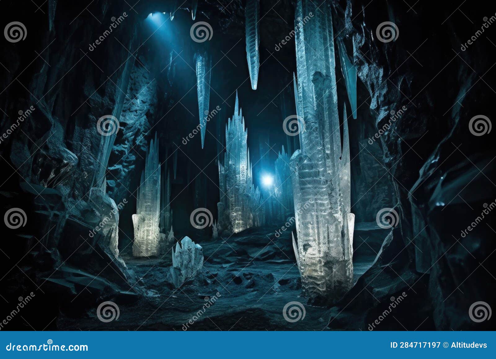 Sparkling Crystal Cave Formations in the Dark Stock Image - Image of ...