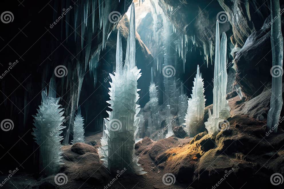 Sparkling Crystal Cave Formations in the Dark Stock Photo - Image of ...