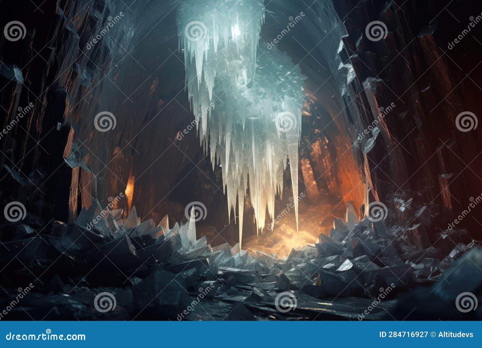 Sparkling Crystal Formations in a Dark Cavern Stock Image - Image of ...