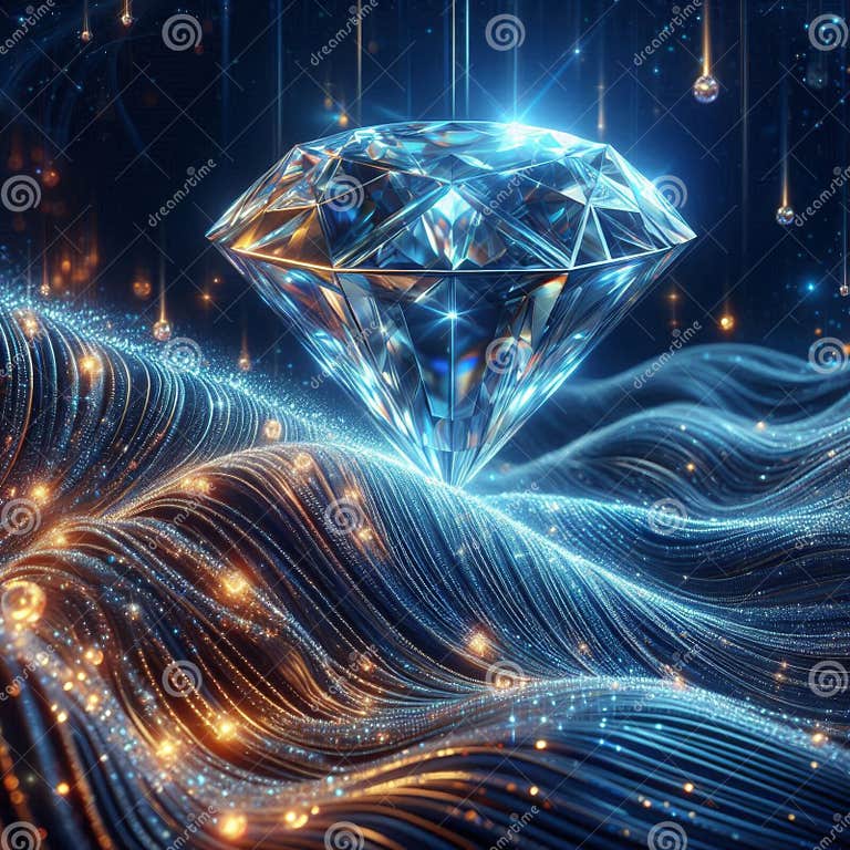 Sparkling Diamond on a Dynamic Blue Wave Background Stock Illustration ...