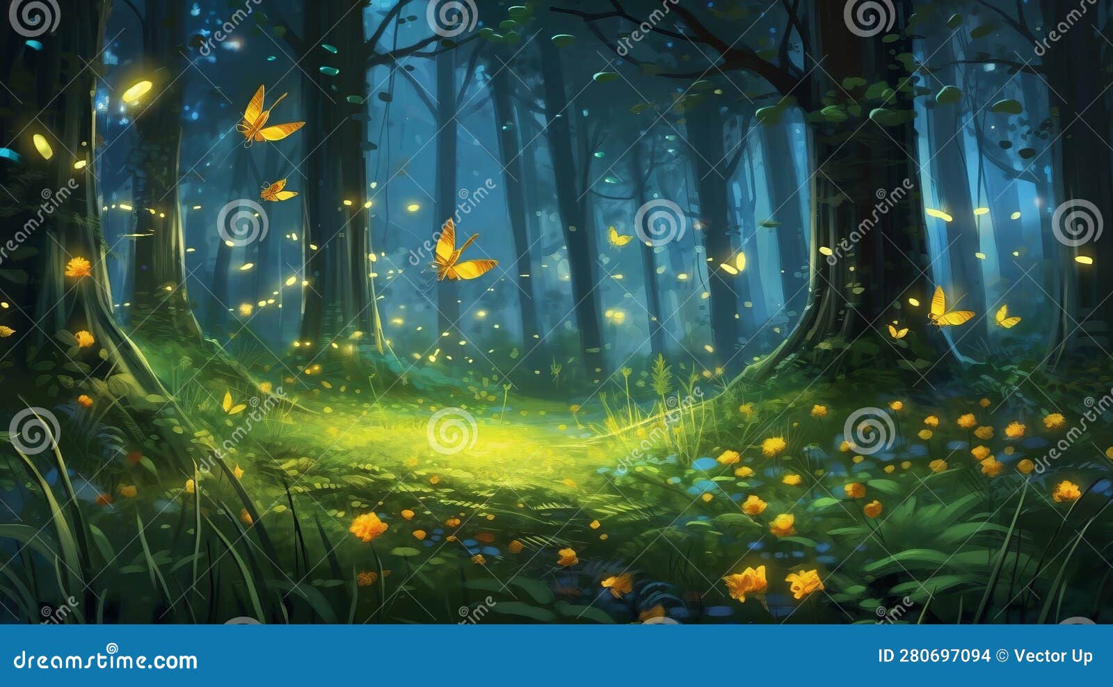 Sparkling Fireflies Flying in the Night Forest. Generative AI. Stock ...