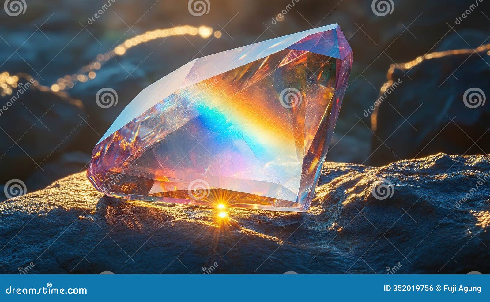 Sparkling Gemstone on Dark Rocks at Sunrise, Showing Rainbow Refraction ...