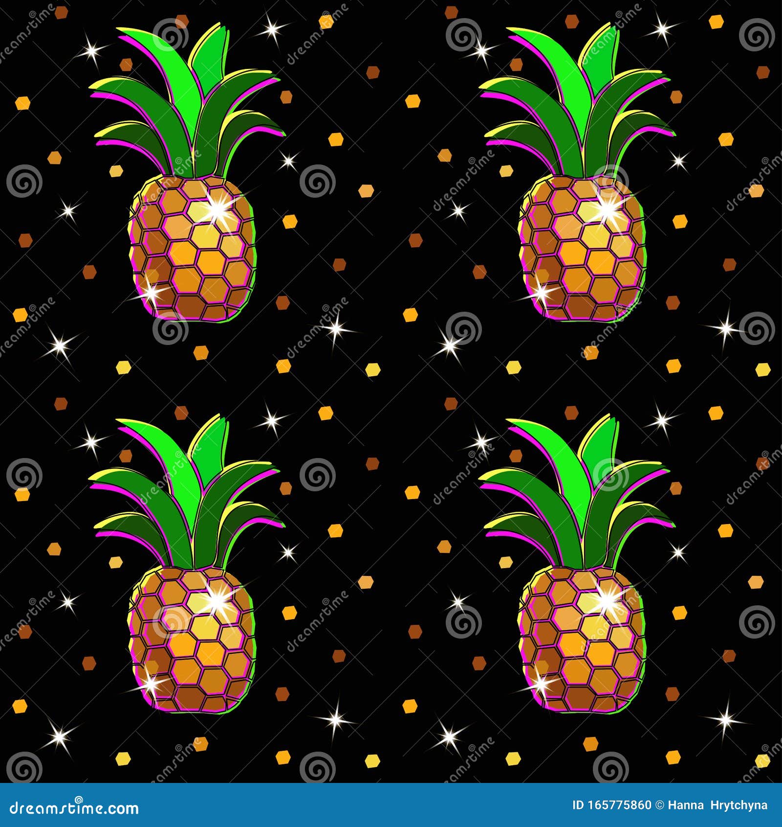 Sparkling Golden Pineapples with Sparkles and Sequins on a Black ...