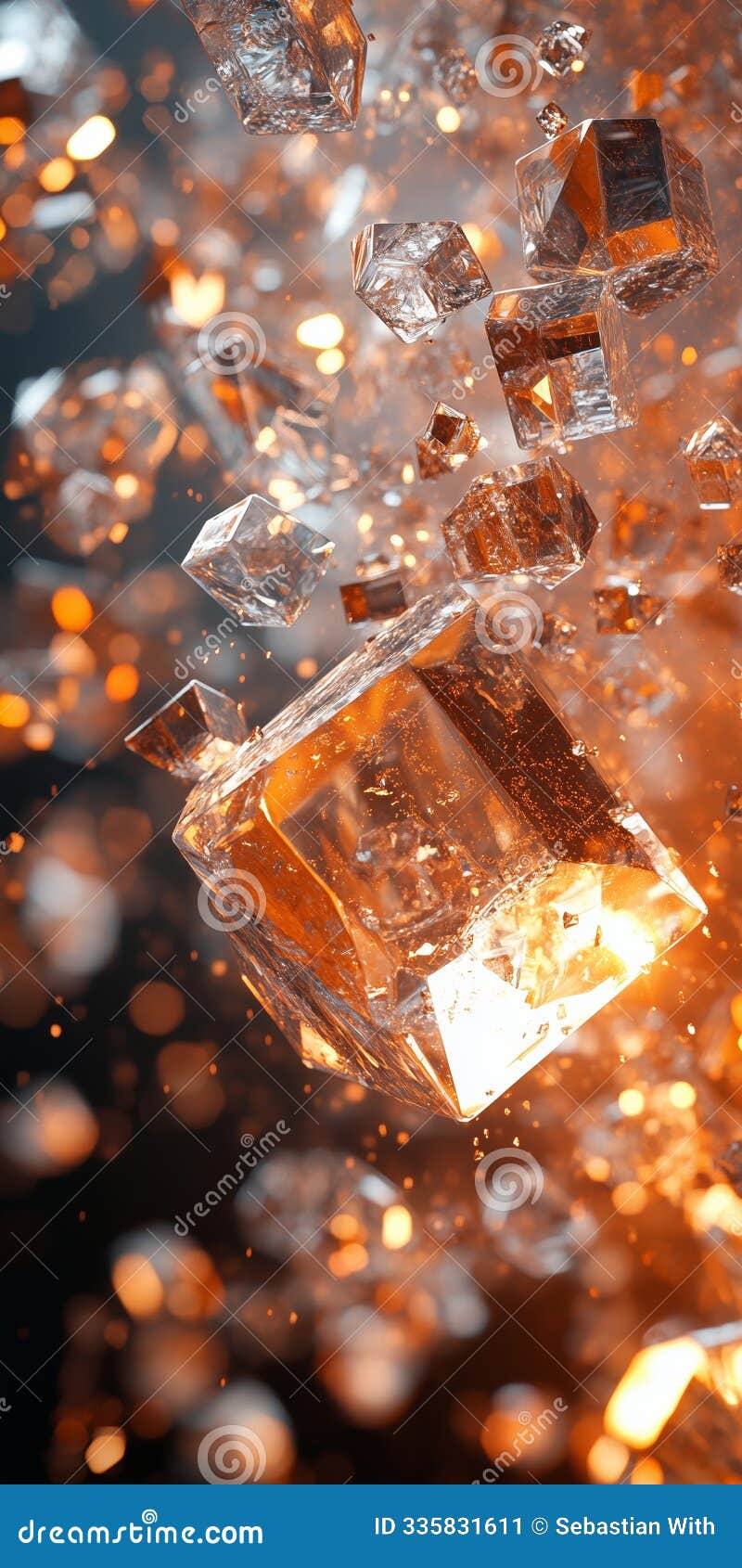 Sparkling Ice Cubes Suspended in Mid-air, Illuminated by Warm Orange ...