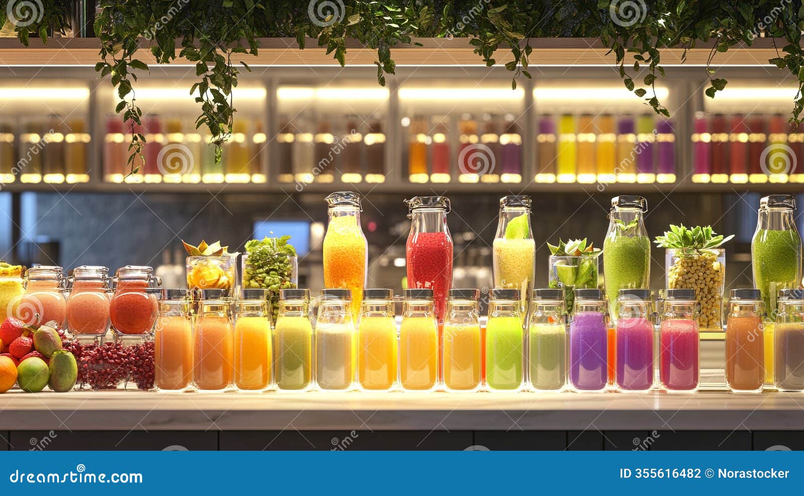 A Sparkling Juice Bar Display with Rows of Smoothies and Fresh Fruit ...