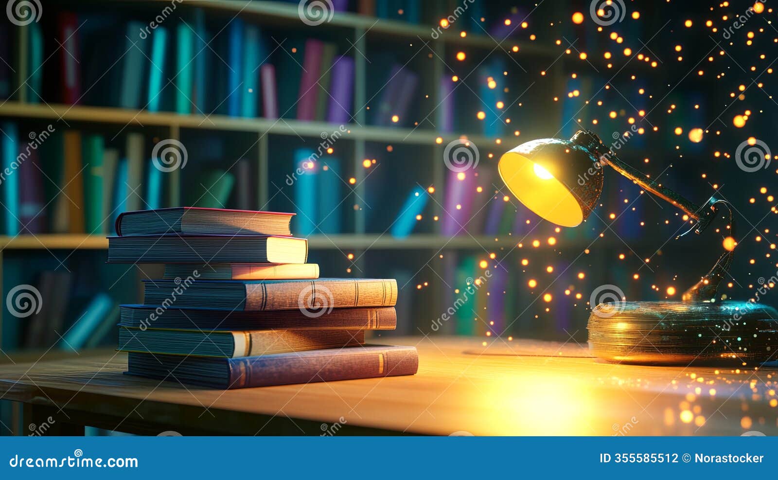 A Sparkling Library Study Desk with a Stack of Books and a Glowing ...