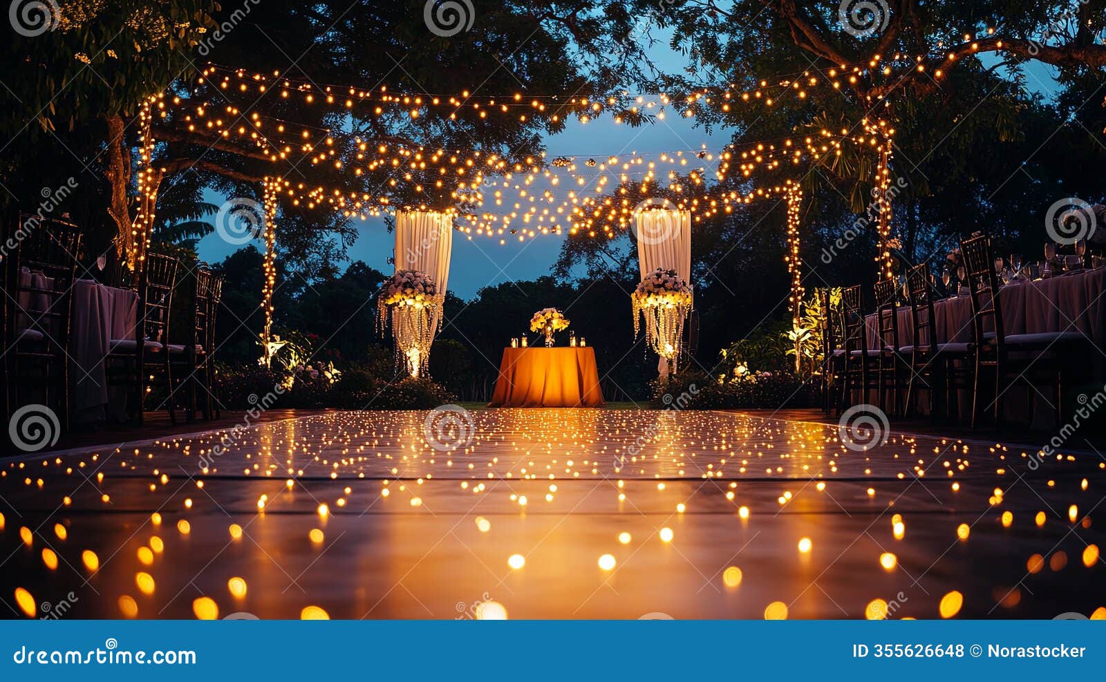 A Sparkling Outdoor Prom Setup with a Dance Floor and String Lights ...