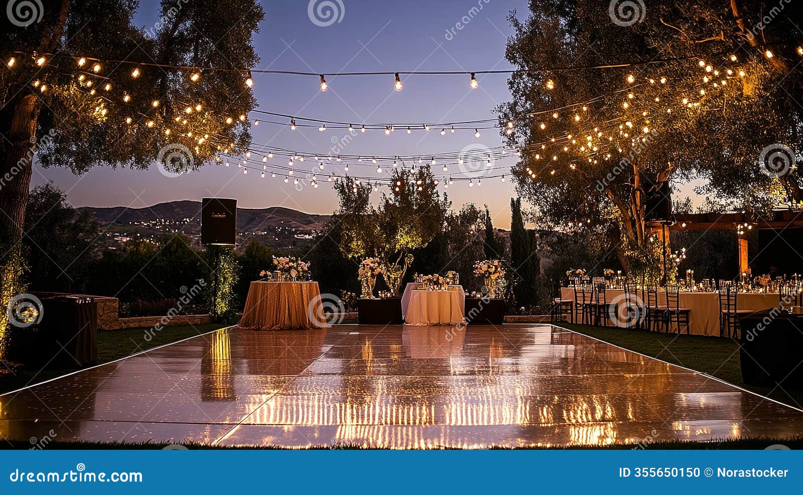 A Sparkling Outdoor Prom Setup with a Dance Floor and String Lights ...