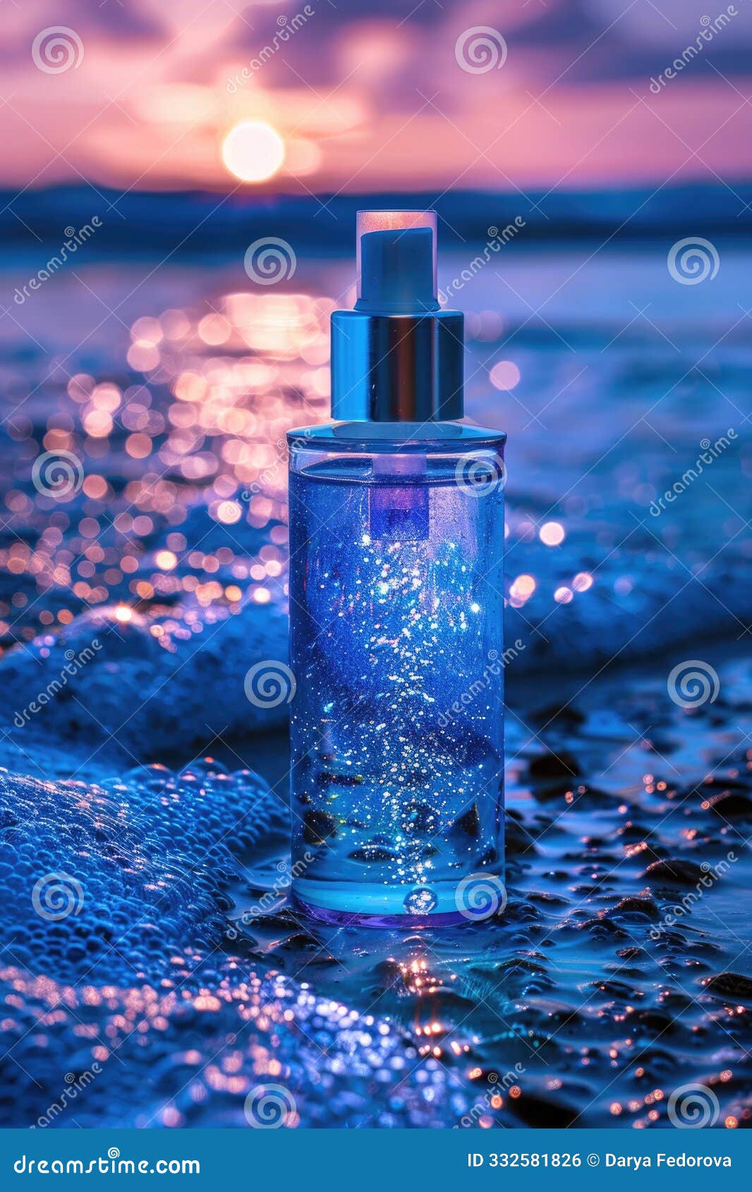 Sparkling Perfume Bottle on Beach at Sunset with Ocean Waves and ...