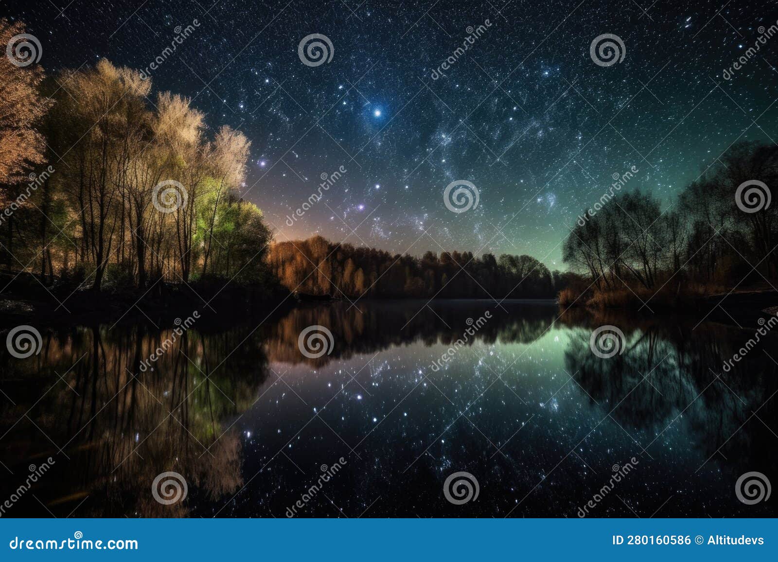 Sparkling Reflection of the Night Sky in a Lake Stock Illustration ...