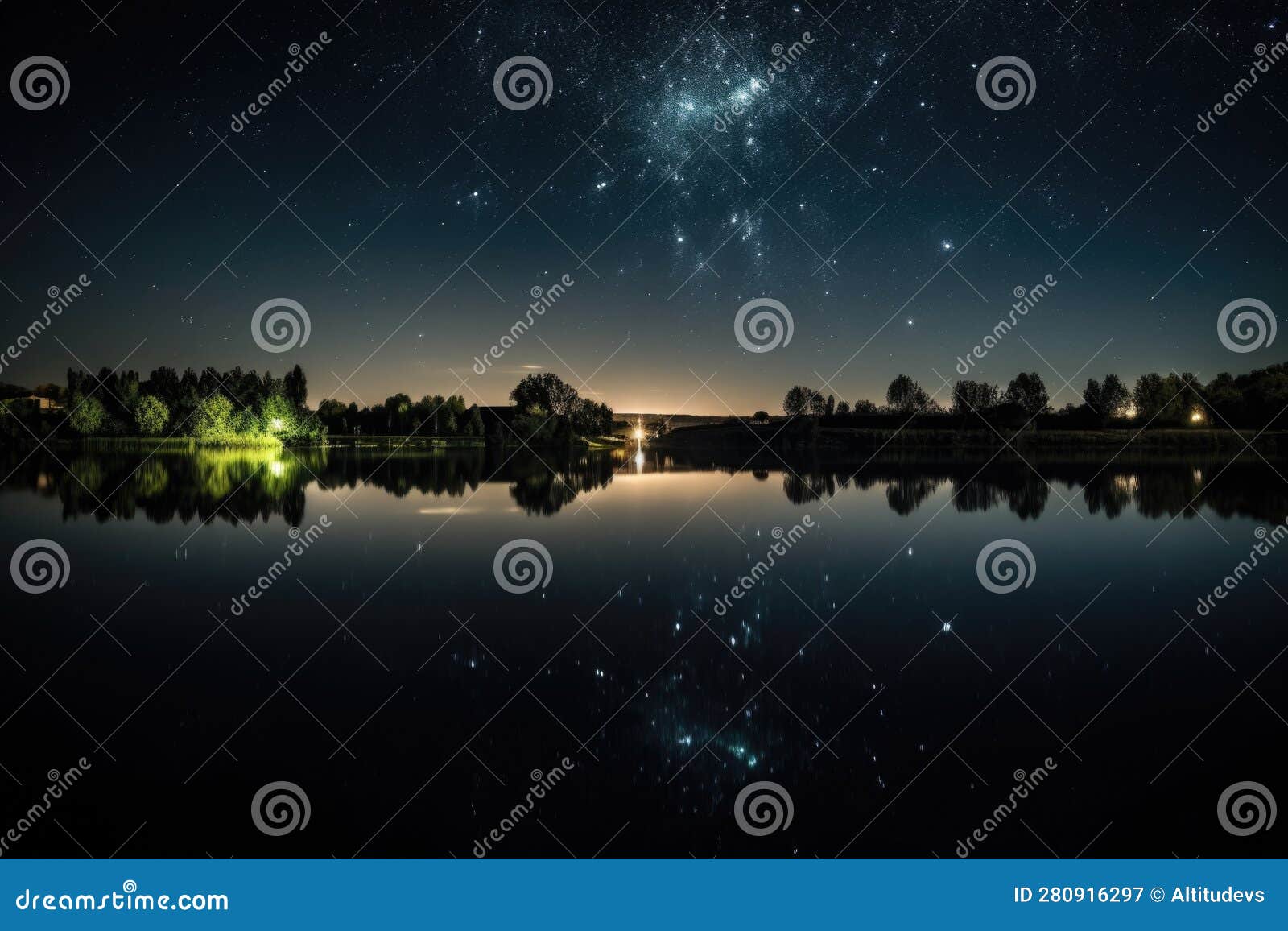 Sparkling Reflection of the Night Sky in a Lake Stock Illustration ...
