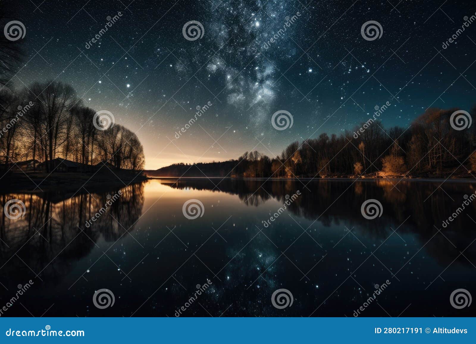 Sparkling Reflection of the Night Sky in a Lake Stock Illustration ...