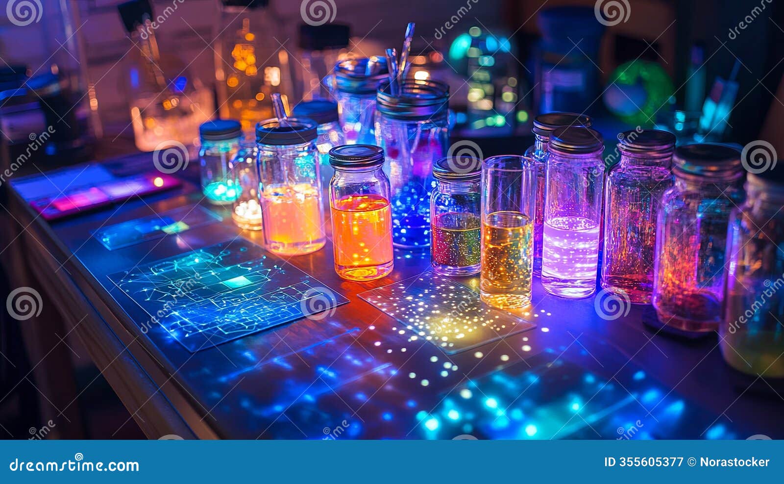 A Sparkling Science Experiment Table with Neatly Labeled Jars and Stock ...