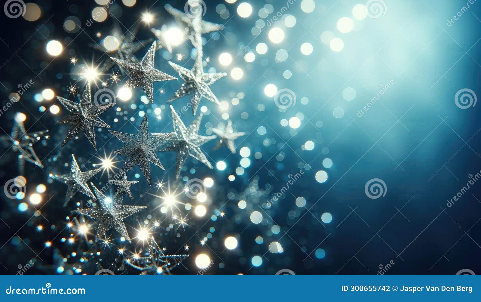 Sparkling Silver Stars On Blue Bokeh Background Ai Generated Stock