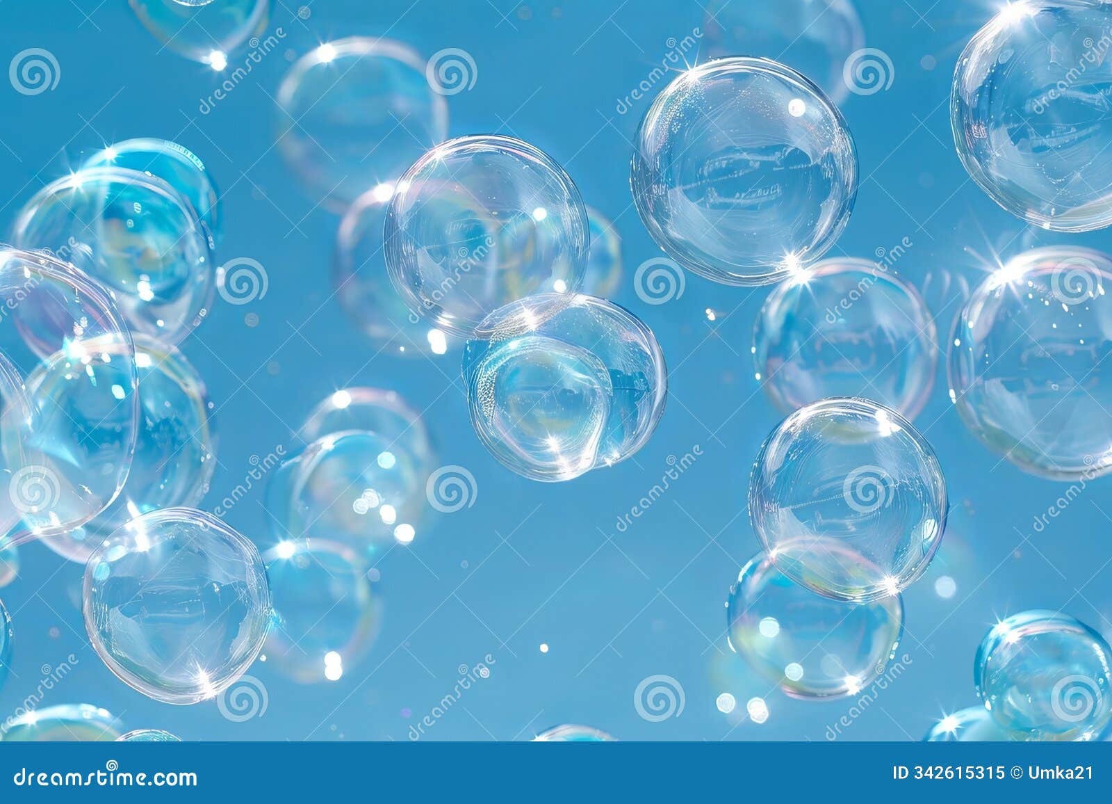 Sparkling Transparent Bubbles Floating in a Clear Blue Sky Stock ...