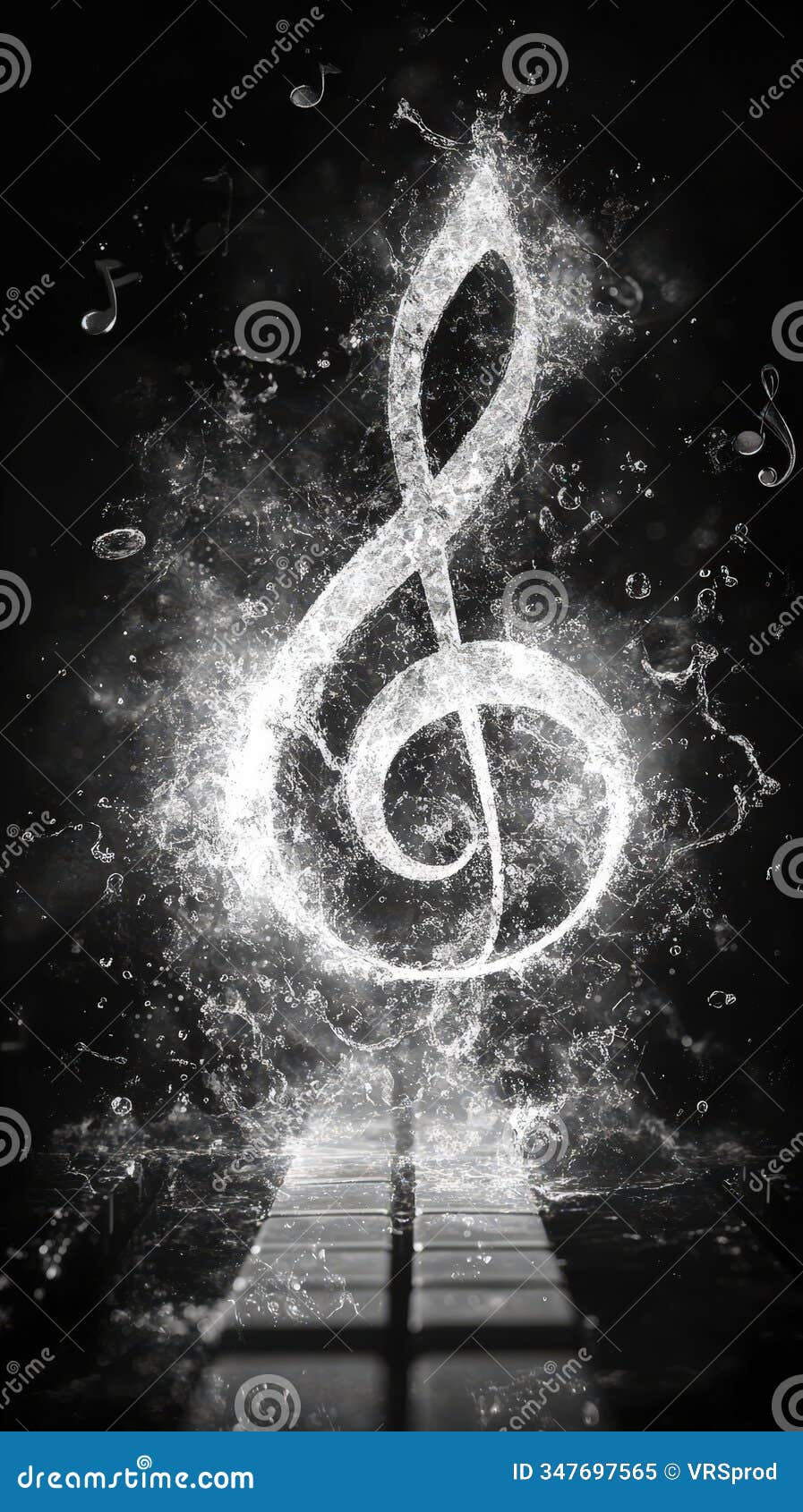 Sparkling Treble Clef with Floating Notes on Black Background Stock ...