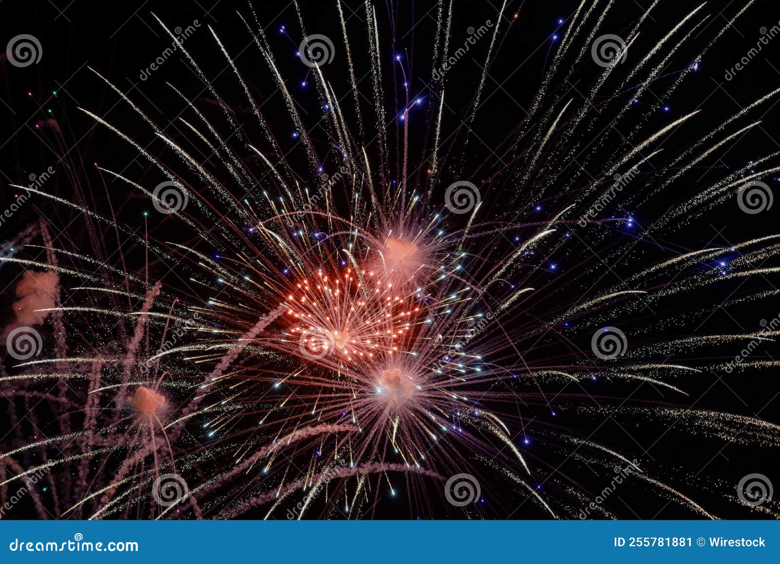 Sparkly Burst of a Red Firework and Blue Sparkles in the Night Sky ...