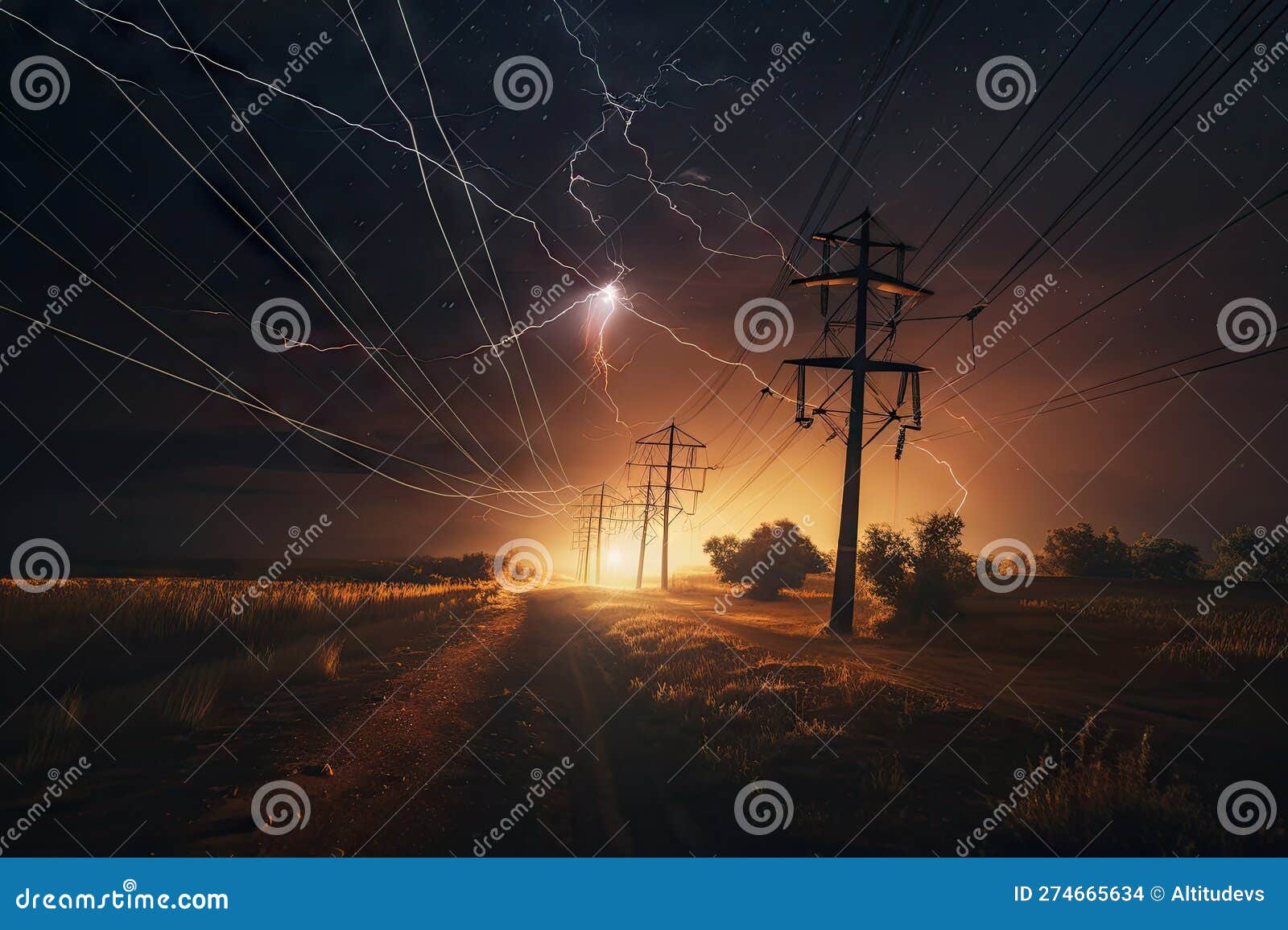 Sparks Fly from Broken Power Line, Illuminating Dark Night Sky Stock ...