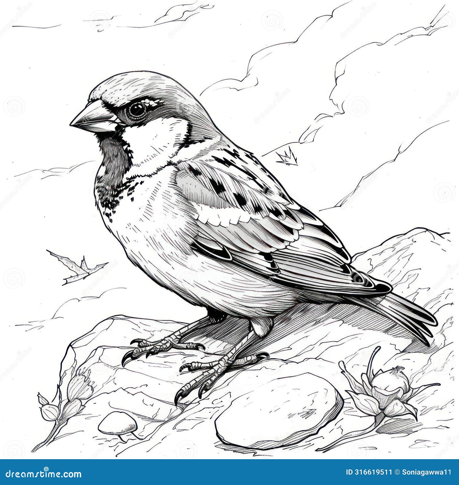Sparrow Bird Drawing Coloring Book Page Stock Illustration ...
