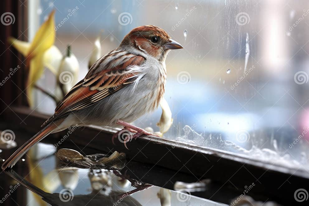 A Sparrow Perched on a Windowsill, Mesmerized by Its Reflection in the Glass Stock Photo - Image ...