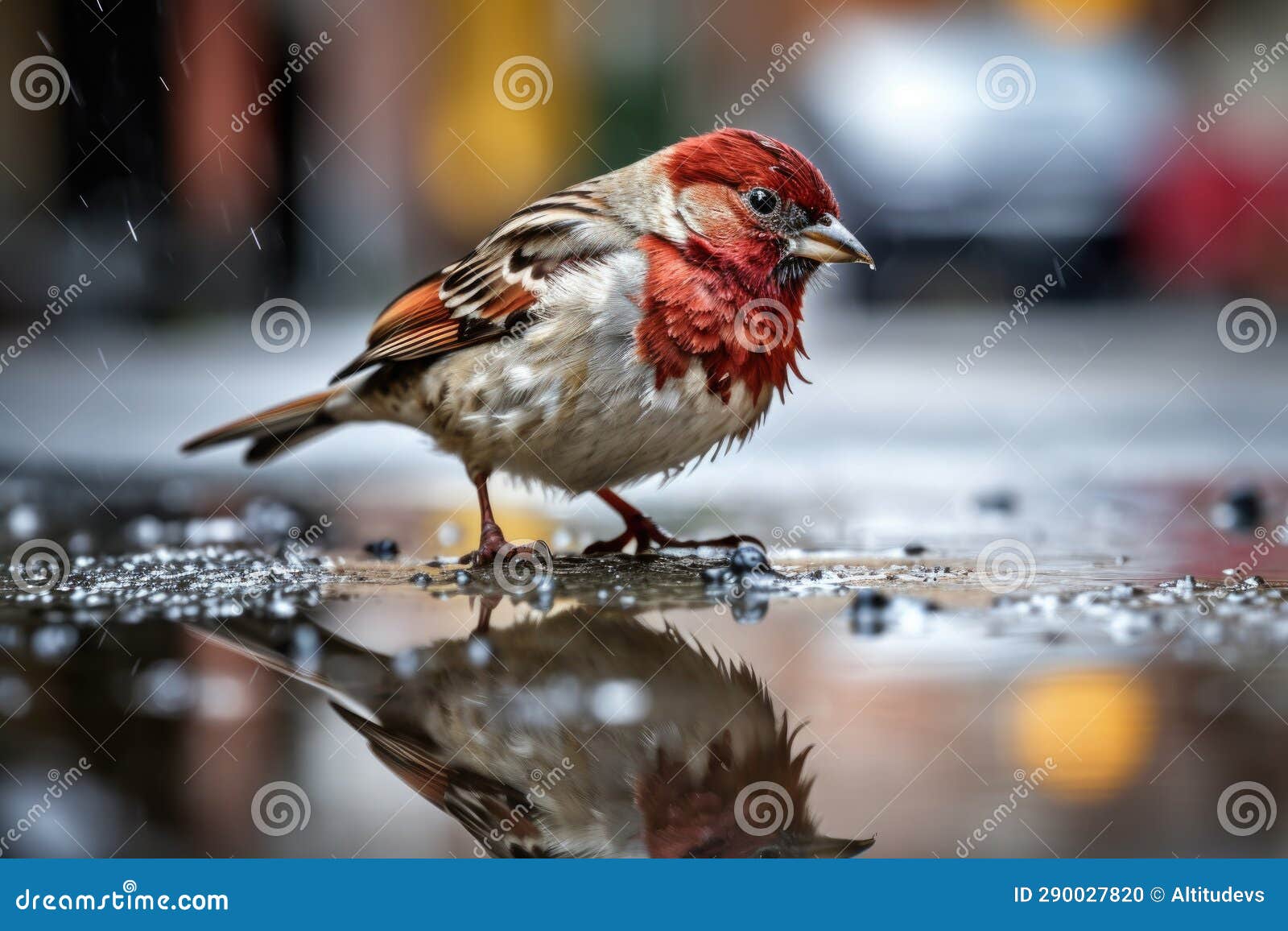 Sparrow Staring at Its Reflection in a Puddle after the Rain Stock ...