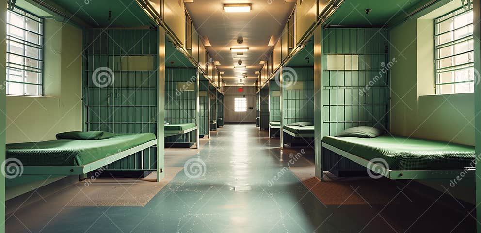 Sparse Prison Dormitory with Rows of Beds and Secure Cells. Stock Image ...
