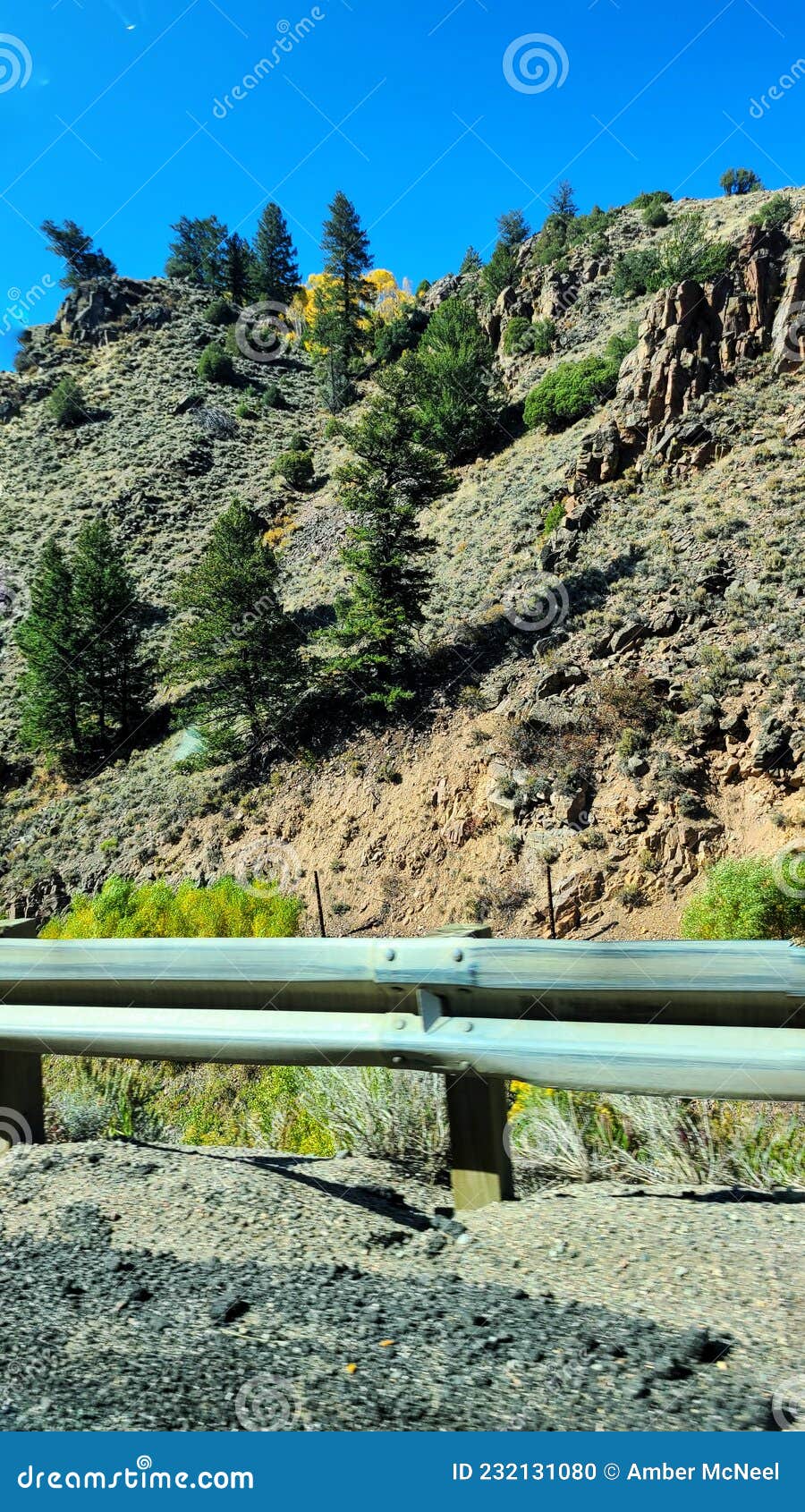 Sparsely Covered Cliffside Behind a Road Guard Rail Stock Photo - Image ...