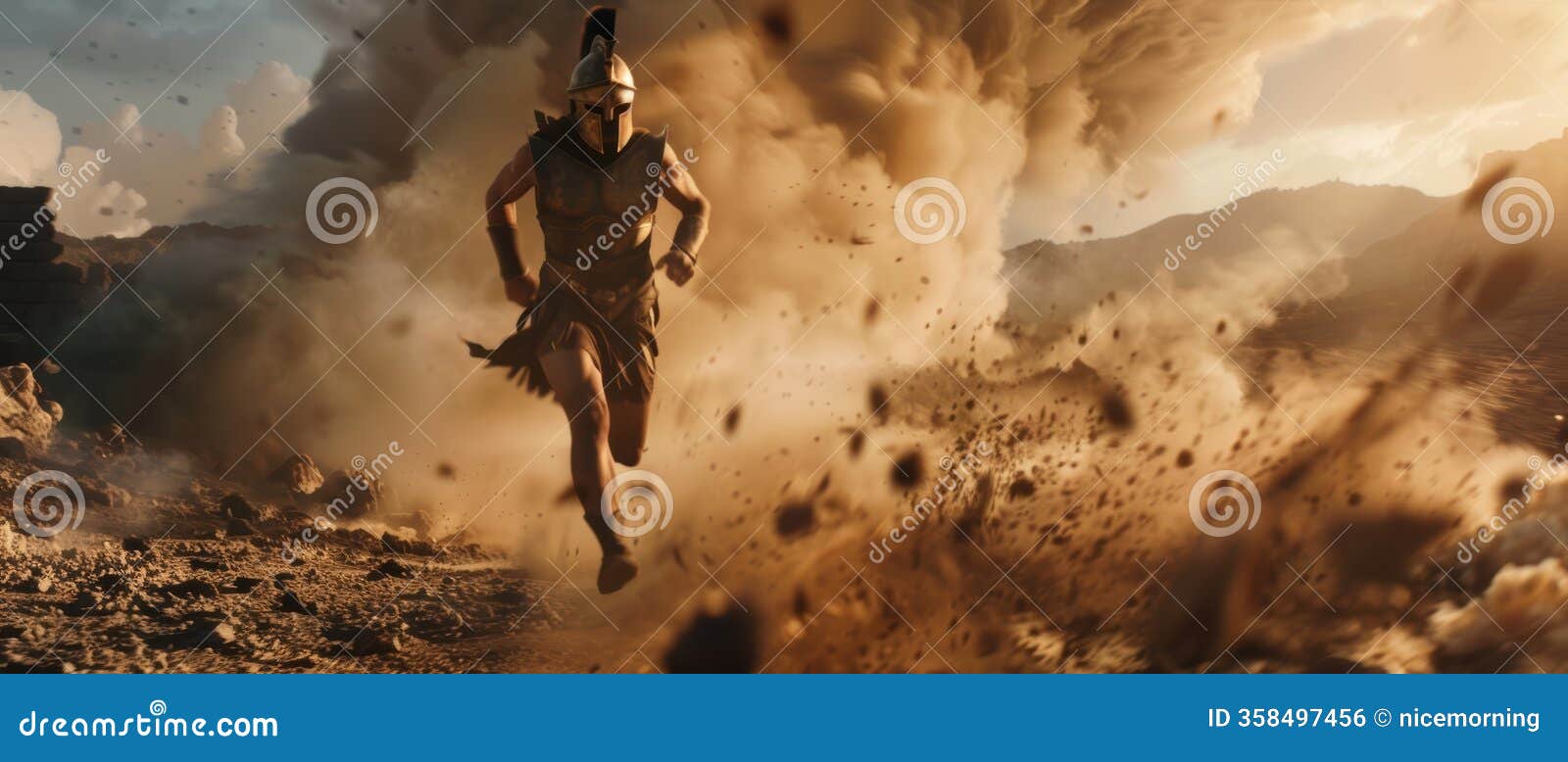 Spartan Warrior Running through Dust. Created by Generative Artificial ...