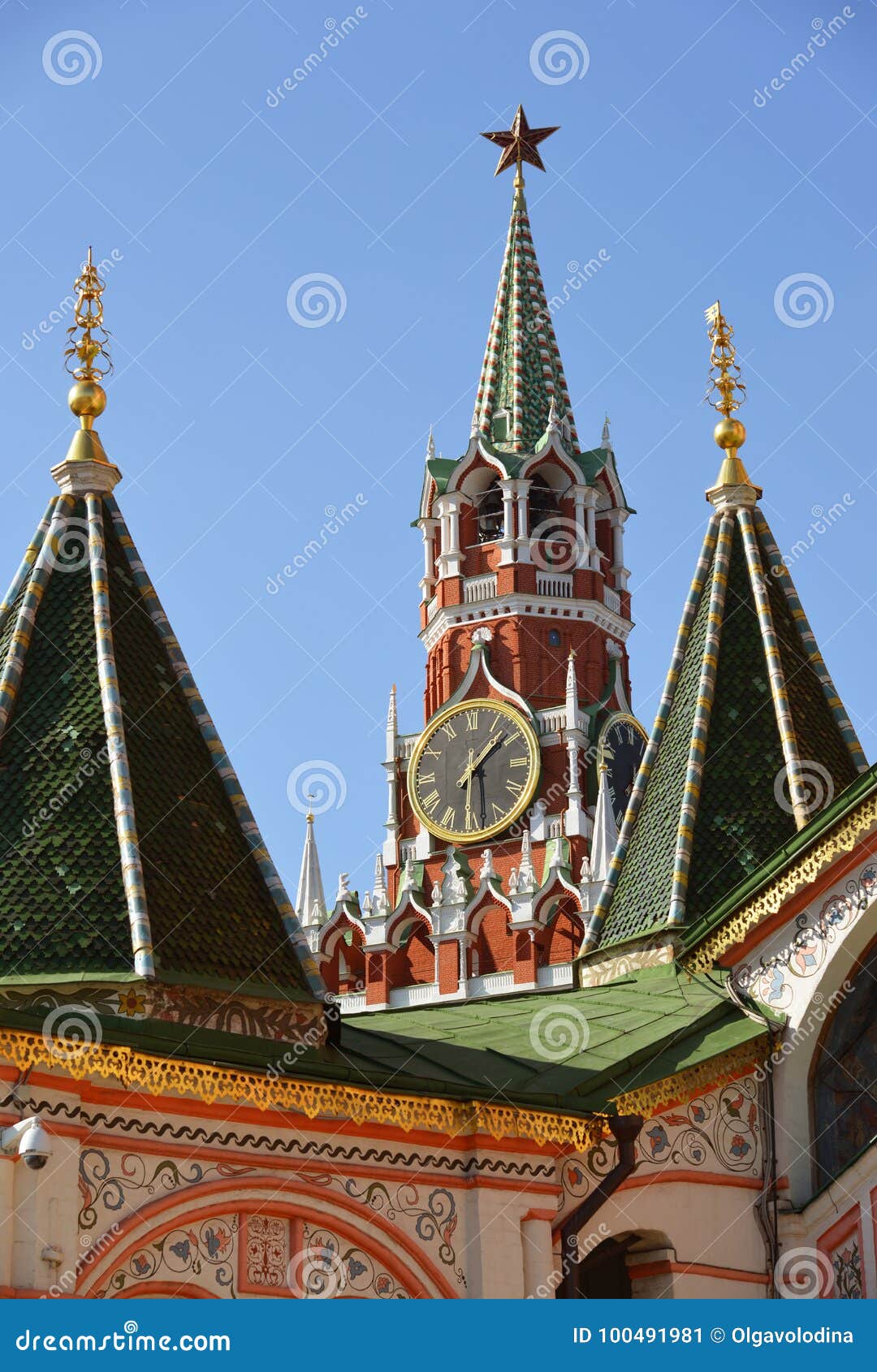 Spassky Tower and Domes of St. Basil`s Cathedral in Moscow, Russia ...