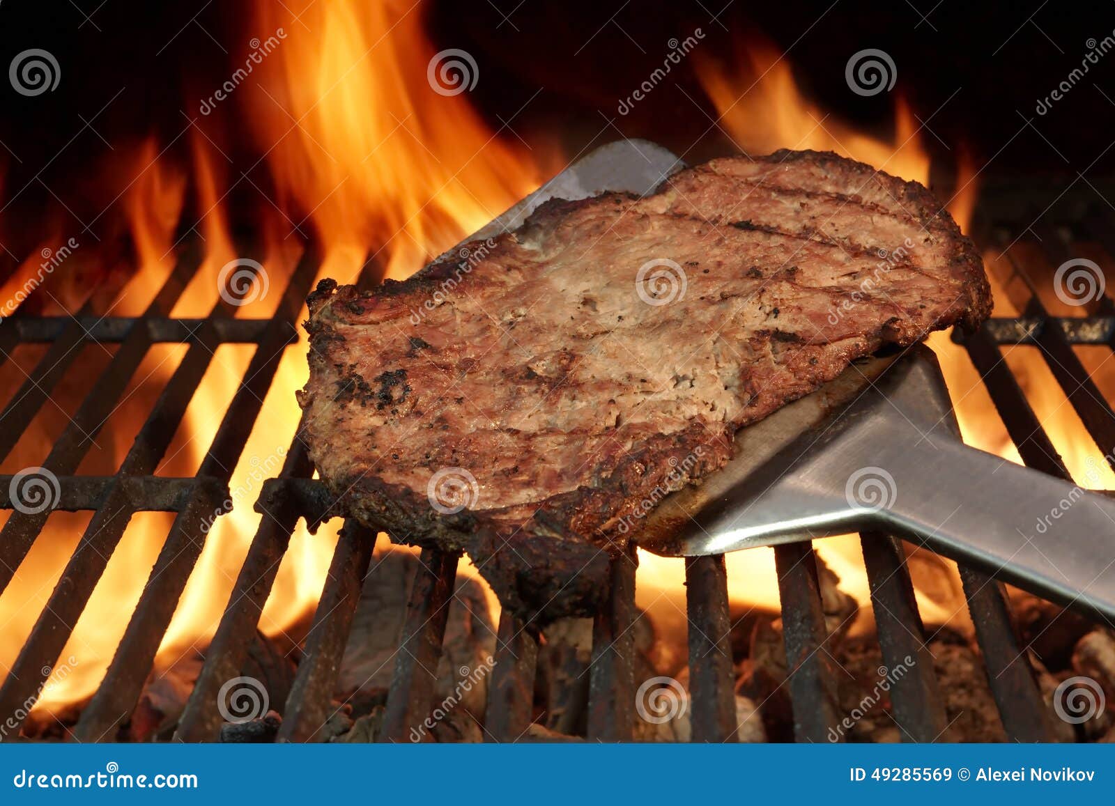 Spatula with Beef Steak on the Grill Stock Image - Image of crust ...