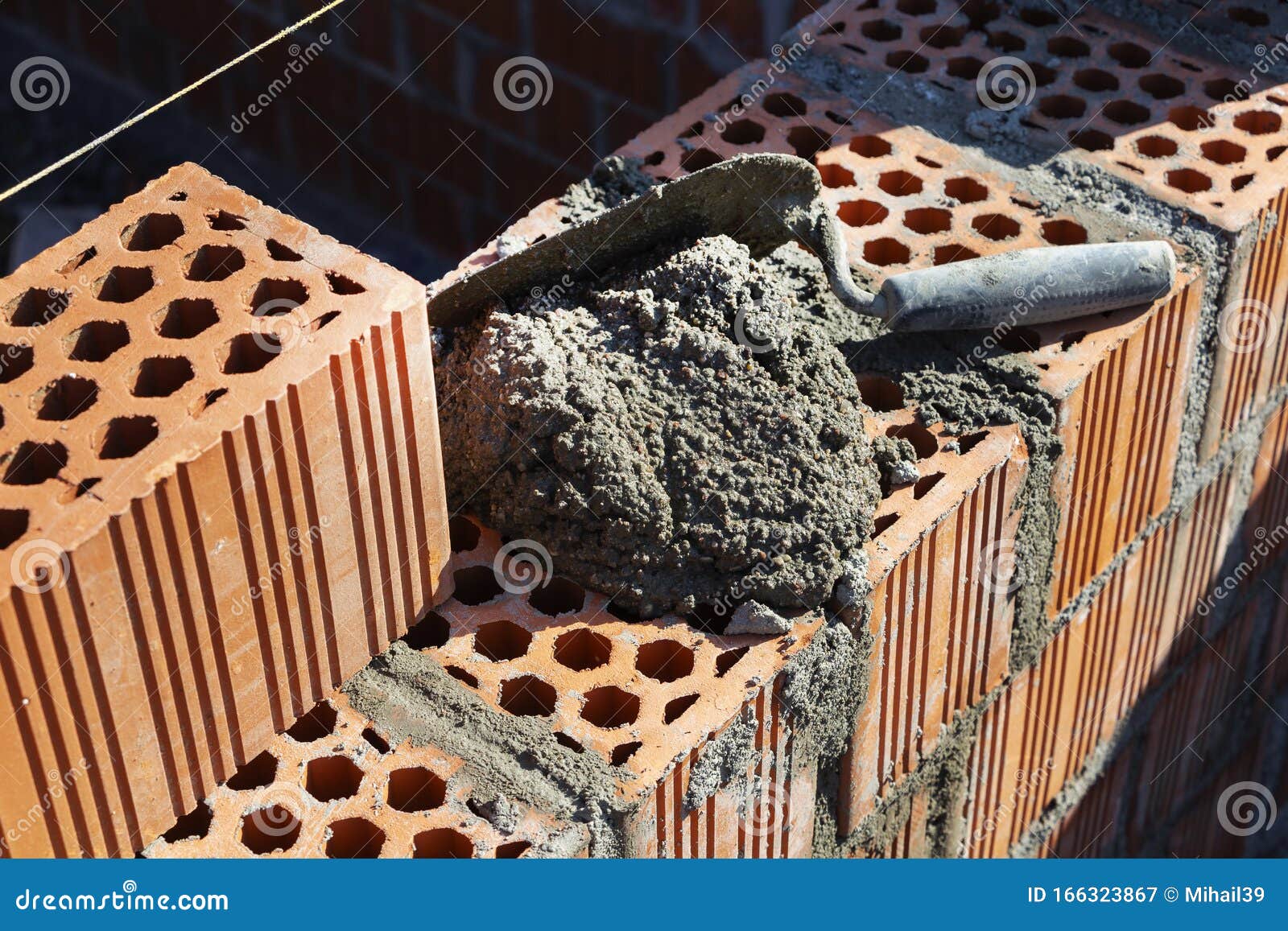 Spatula and Cement Mortar, Red Brick Masonry, Construction Concept ...
