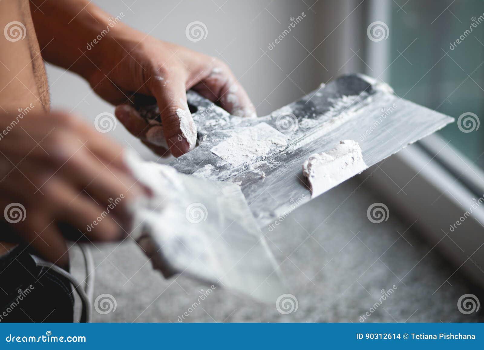 Spatula in Hand, Plaster, Building Materials Stock Photo - Image of ...