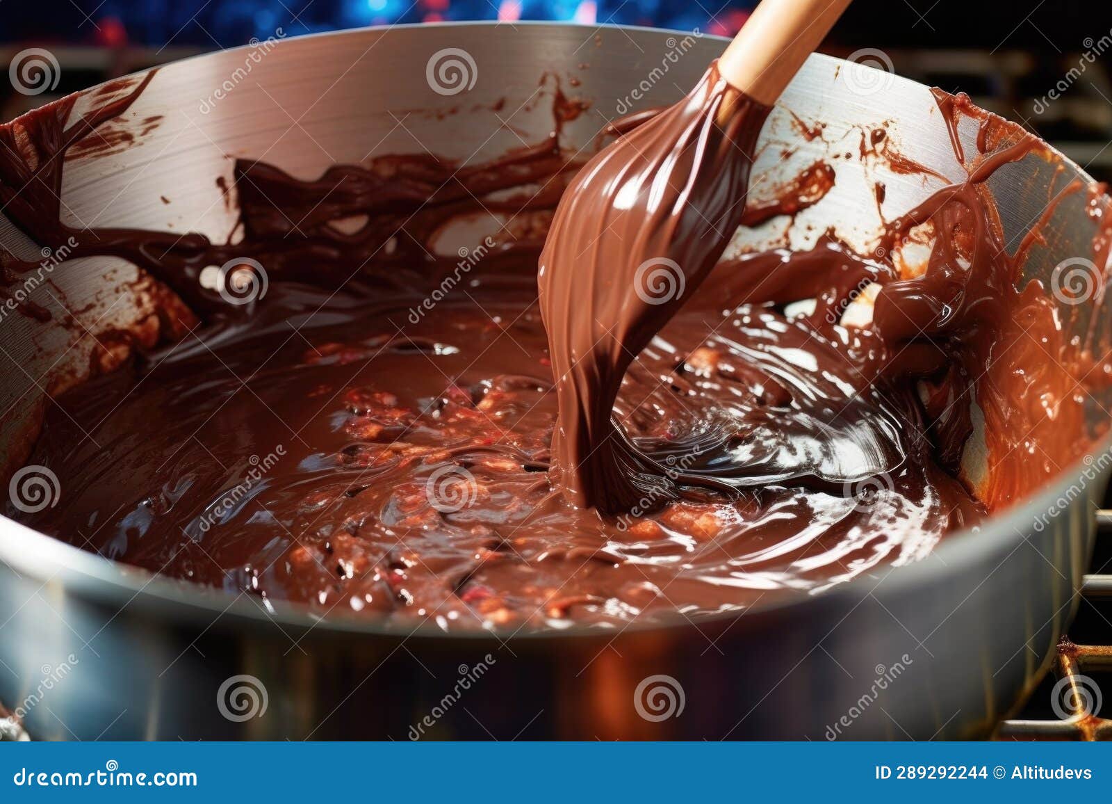 A Spatula Stirring Melted Chocolate for the Tempering Process Stock ...