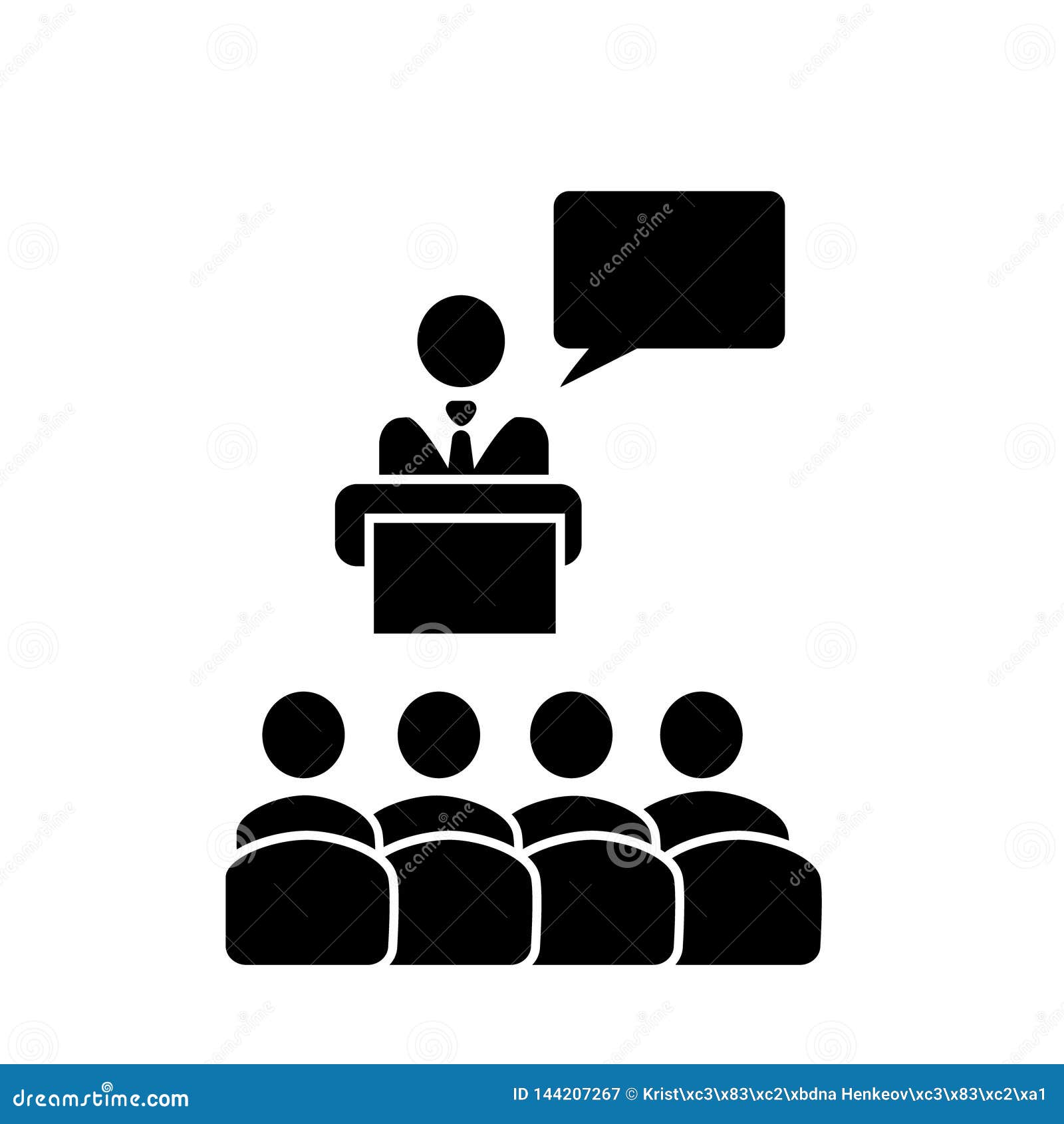 Speaker with Audience and Speech Bubble Vector Icon in Flat Solid Black ...