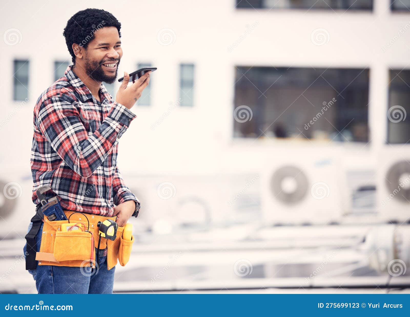 Speaker Phone Call, Contractor and Happy Black Man Talking, Chat or ...
