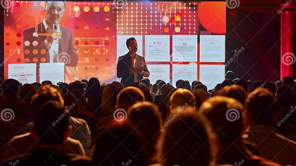 Speaker Presenting at a Large Conference with a Multimedia Backdrop ...