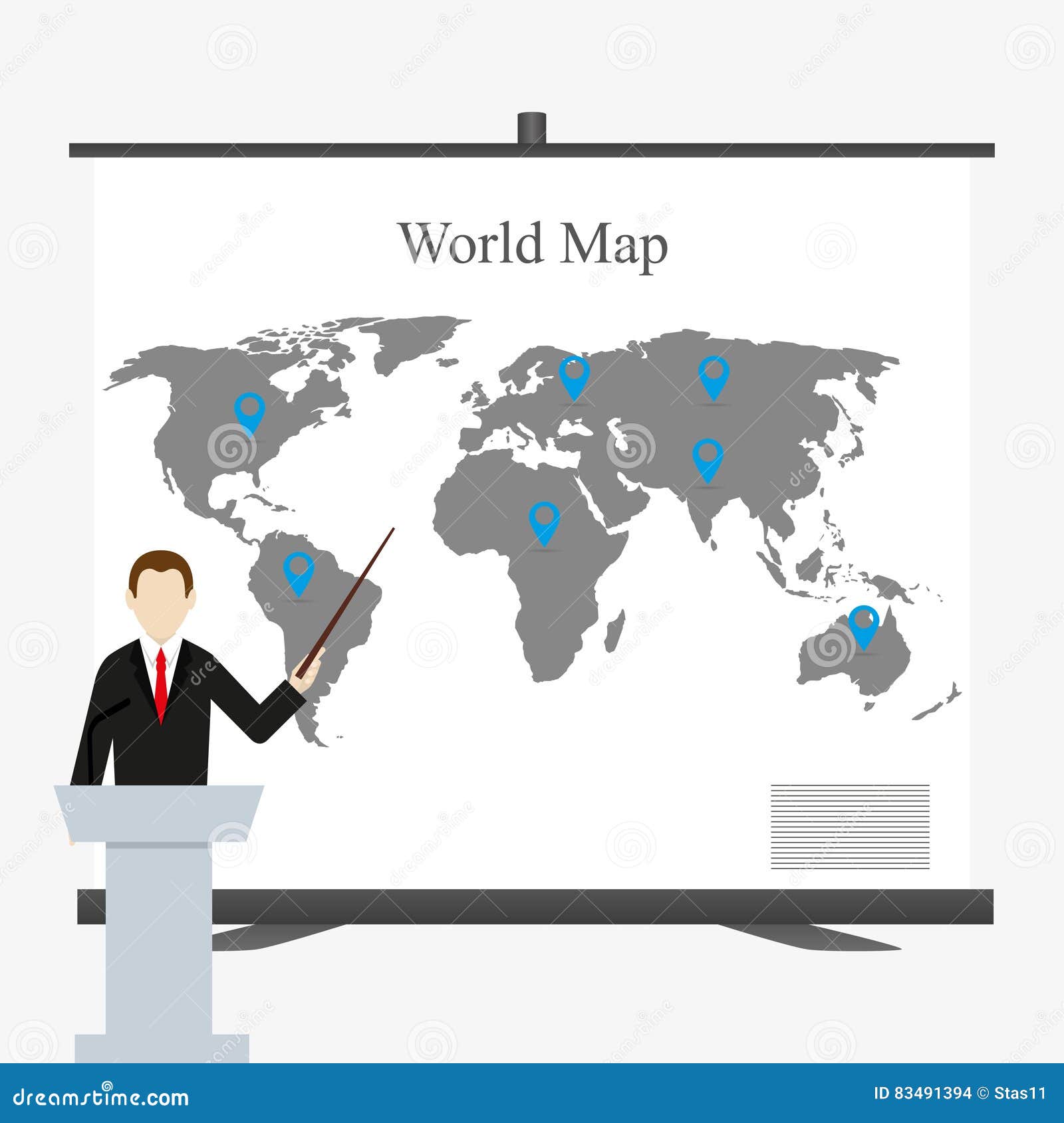 Speaker in a Suit Points To Stand with World Map Stock Vector ...
