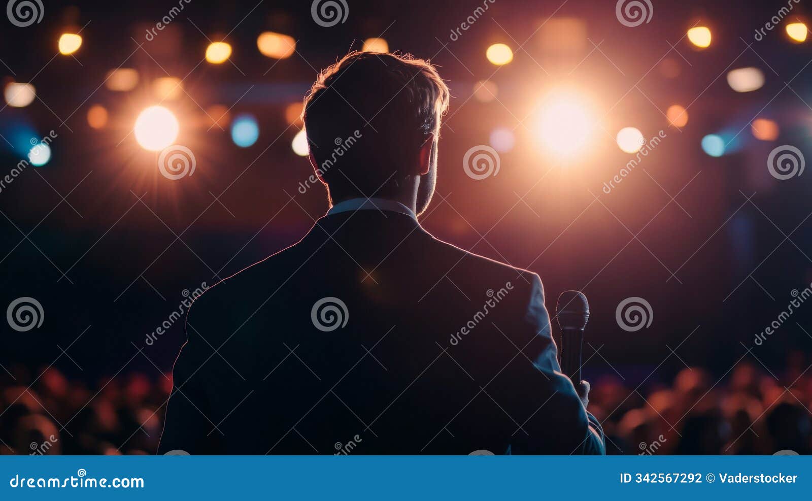 A Speaker in a Suit on Stage with a Microphone Facing a Crowd, Backlit ...