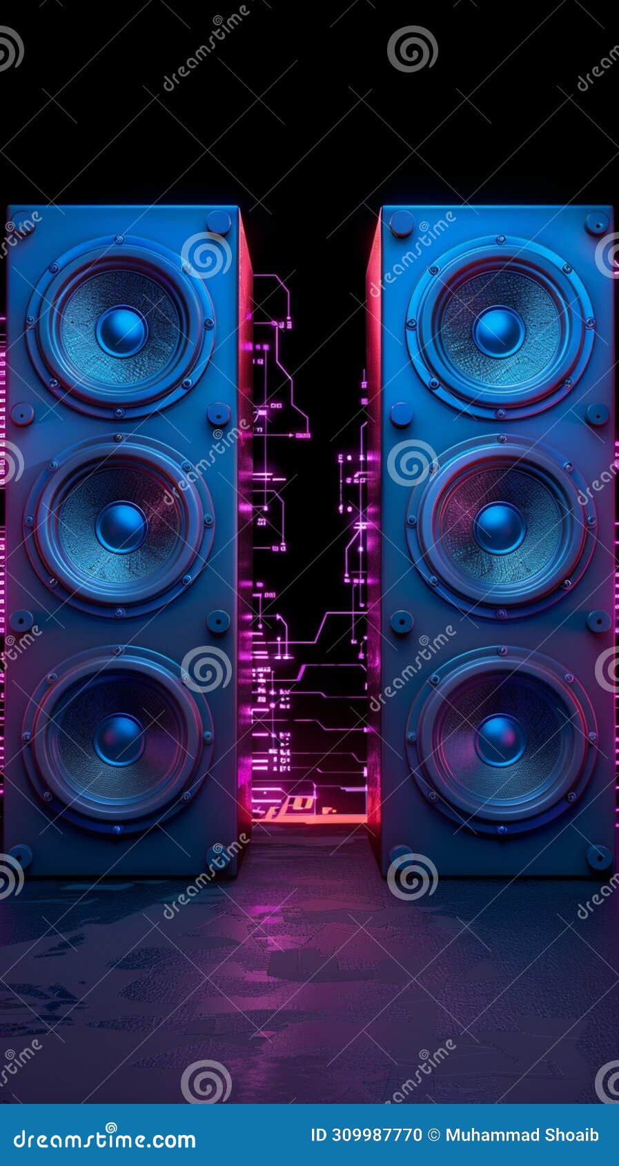 Speaker System in Cyber Themed Setting with Vibrant Blue and Pink Stock ...