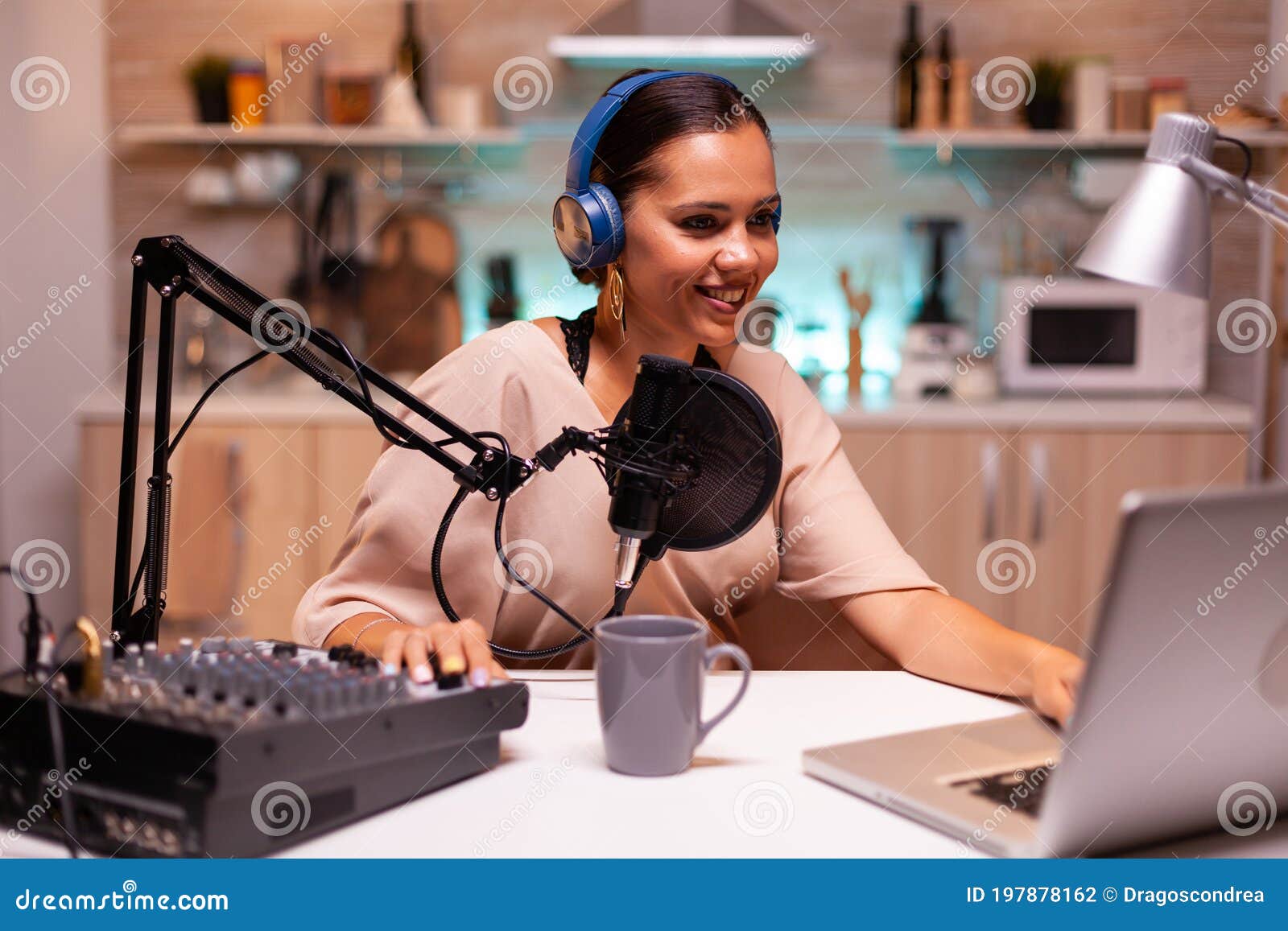 Speaking into microphone stock photo. Image of influencer - 197878162