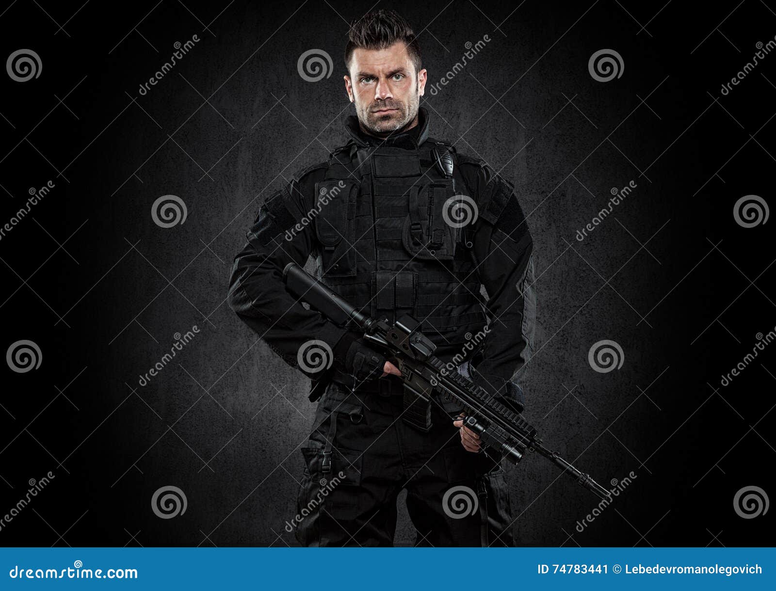 Spec Ops Police Officer SWAT in Black Uniform Studio Stock Image ...