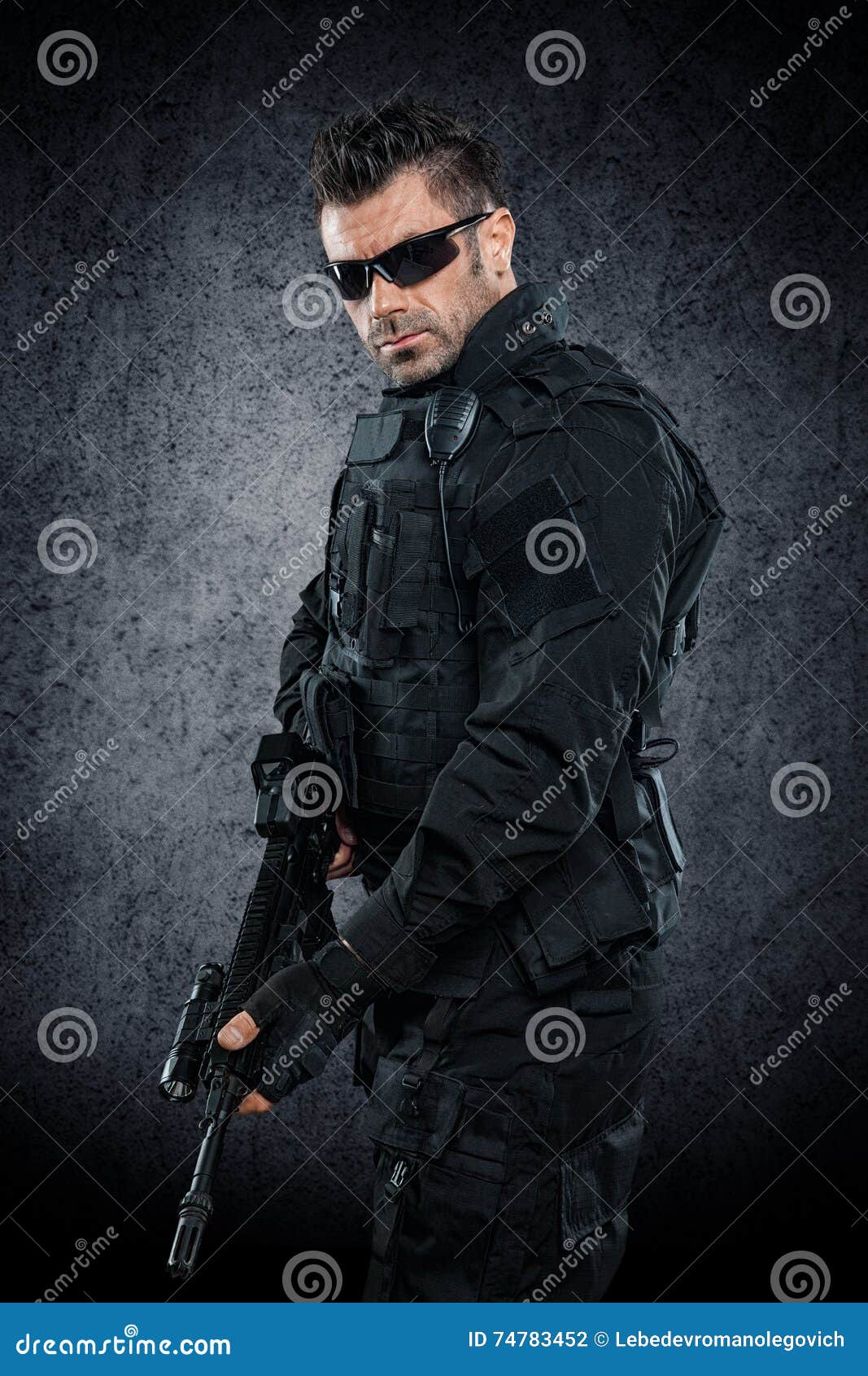 Spec Ops Police Officer SWAT in Black Uniform Studio Stock Photo ...