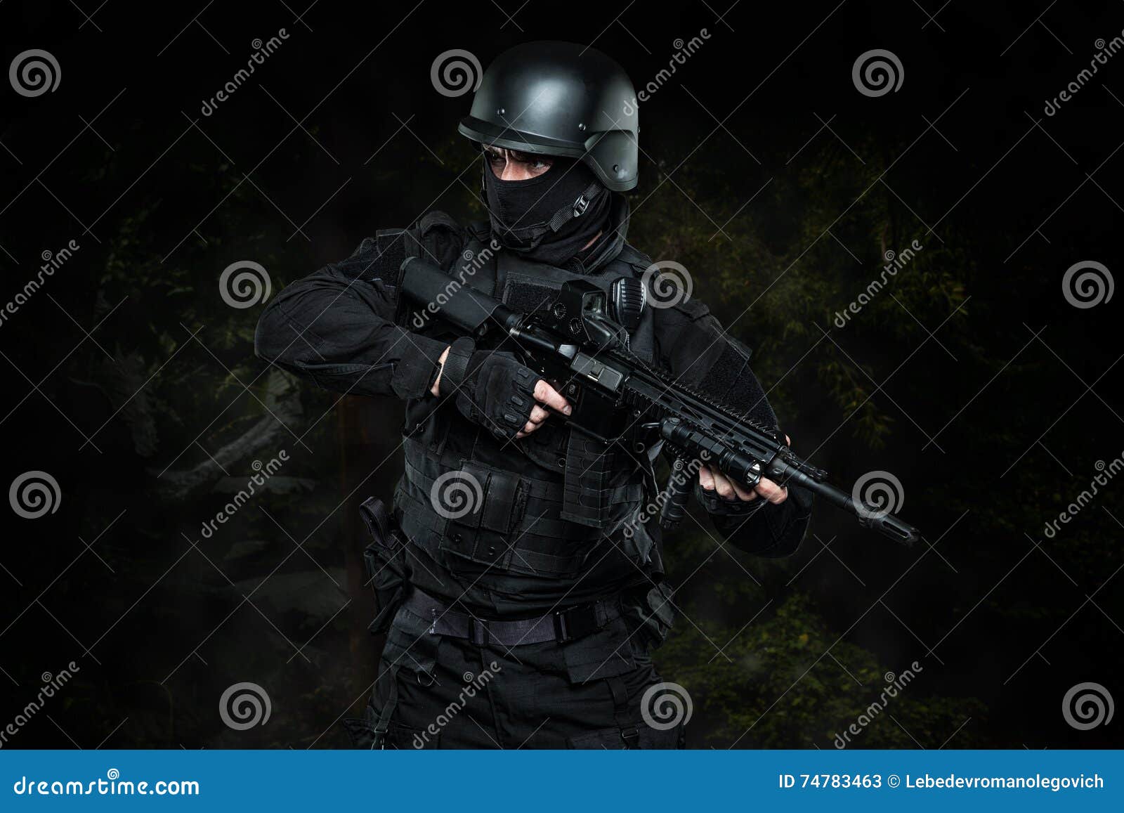 Spec Ops Police Officer SWAT in Black Uniform Studio Stock Image ...