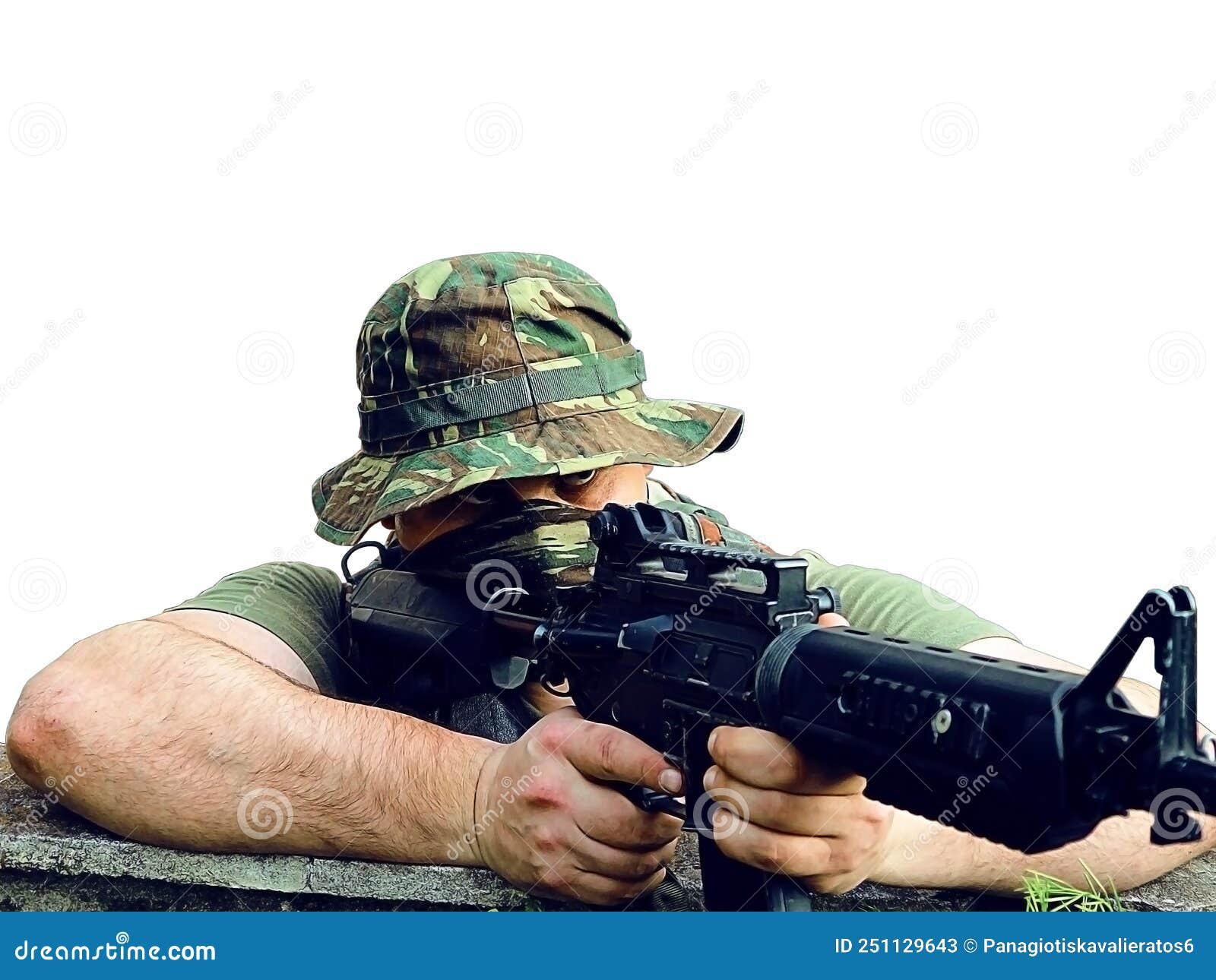 Special Forces Commando Sitting Above a Short Wall and Aiming at a ...
