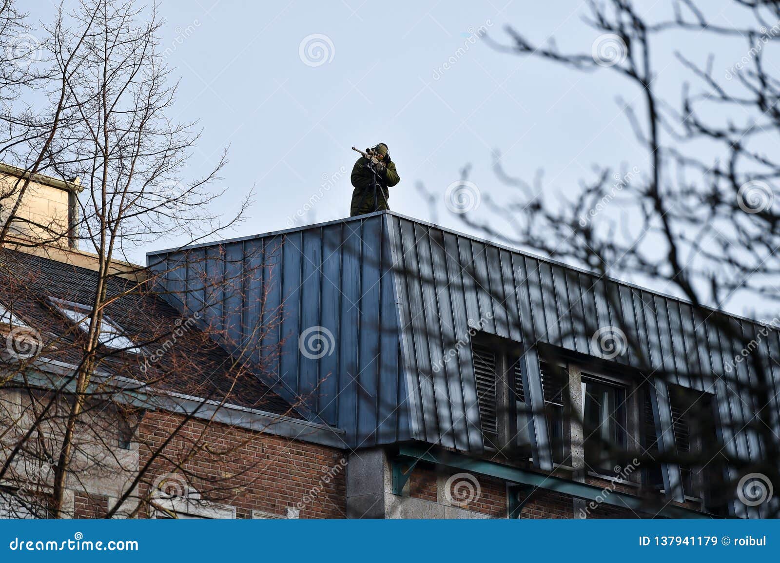 Sniper Securing a Perimeter from a Rooftop Stock Image - Image of swat ...
