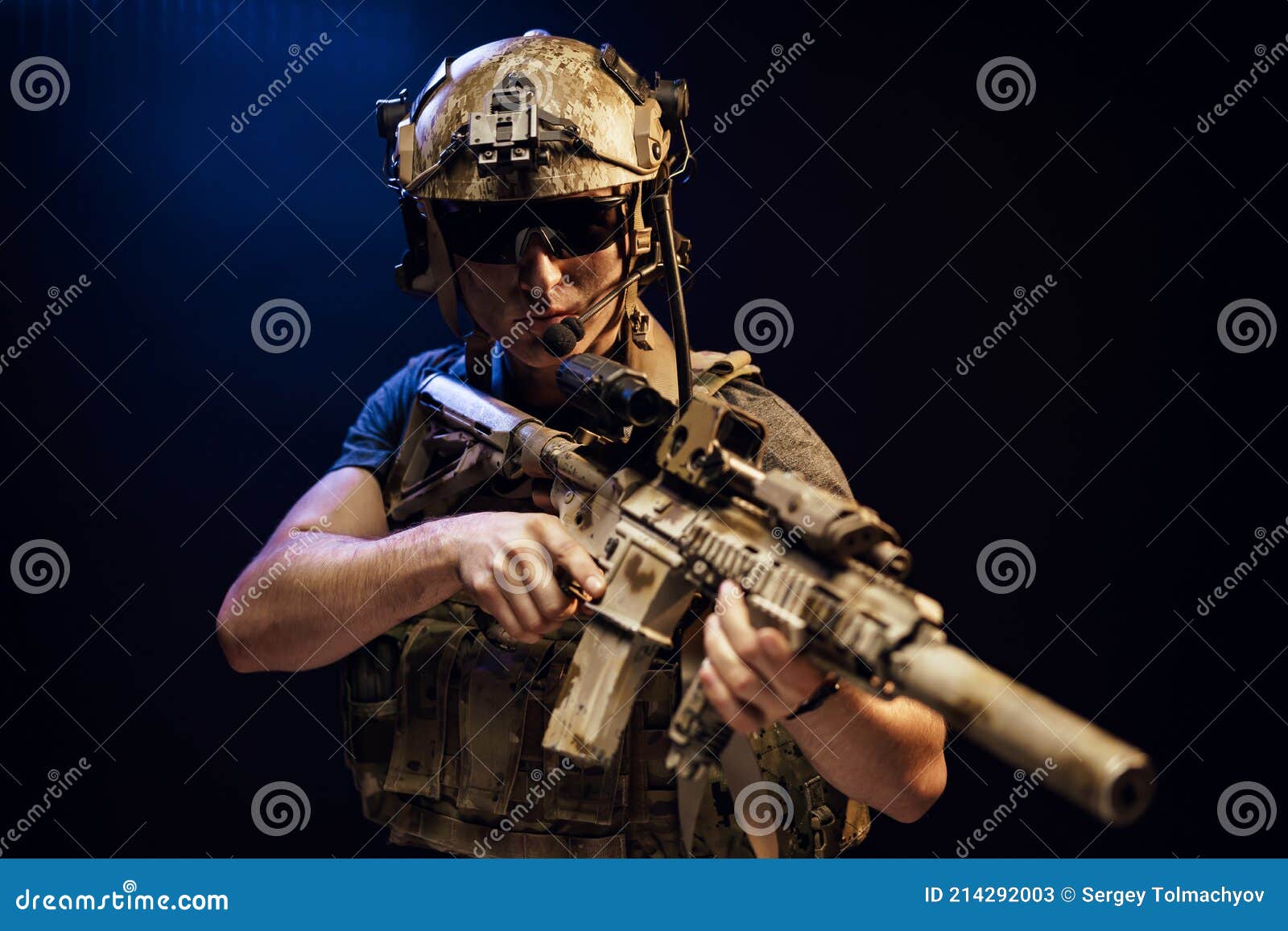 Special Forces Soldier with Rifle on Black Background Stock Image ...