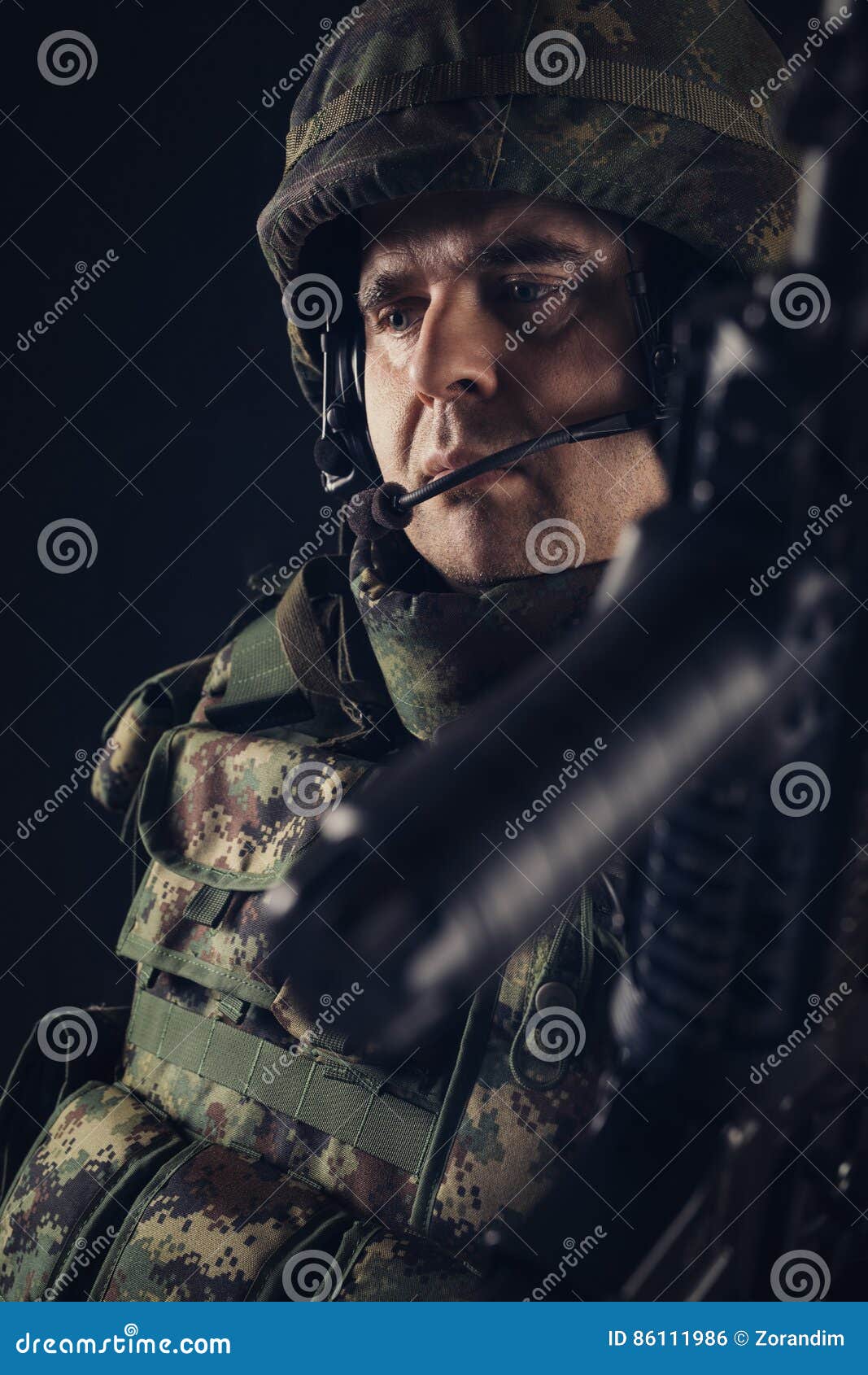 Special Forces Soldier with Rifle on Dark Background Stock Photo ...