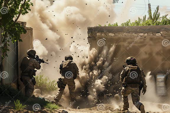 Special Forces Team Breaching a Compound Wall with an Explosive Charge ...